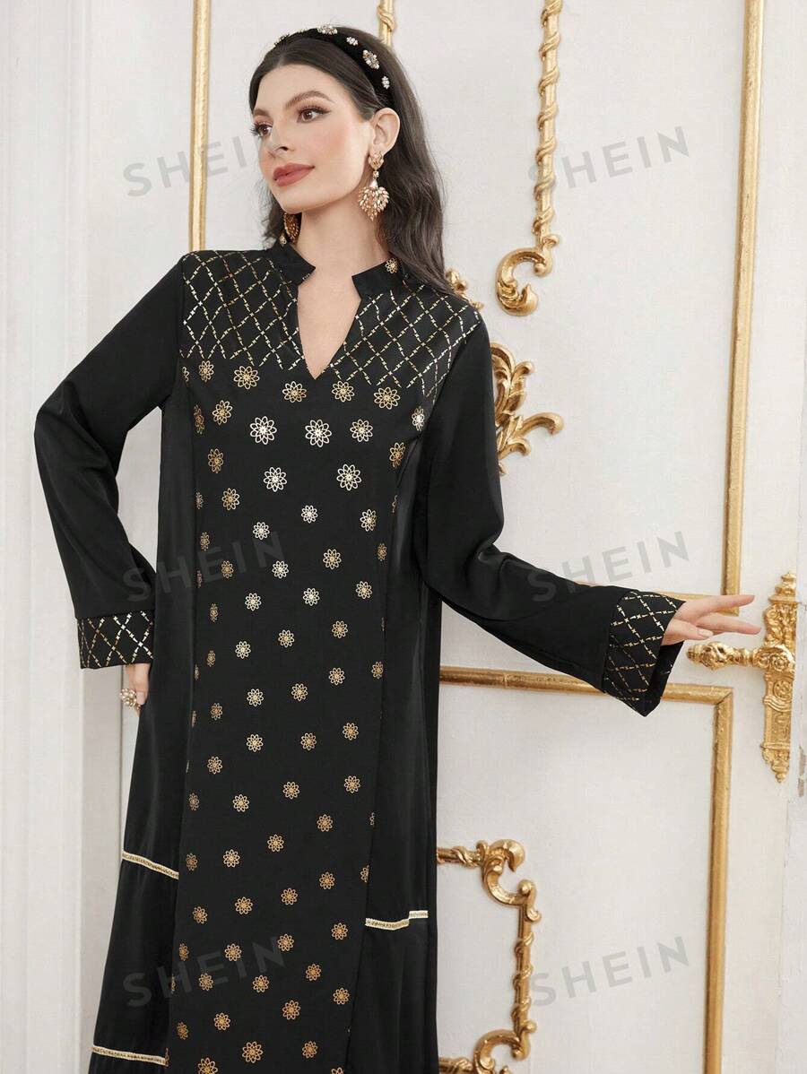 SHEIN Najma Vestido árabe con estampado floral de lámina de oro | Moda ...