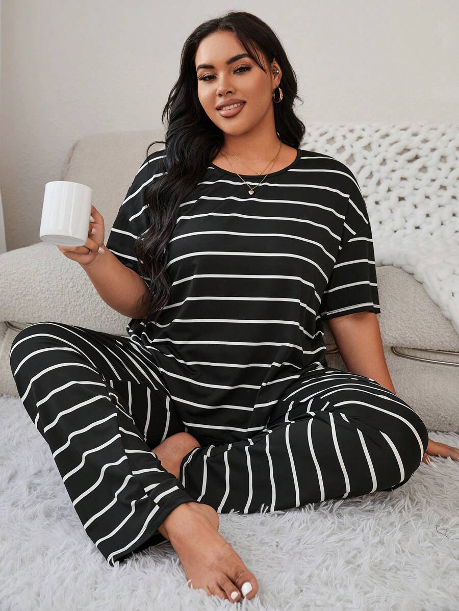 Plus Size Striped Drop Shoulder Sleeve T-Shirt And Long Pants Pajama ...