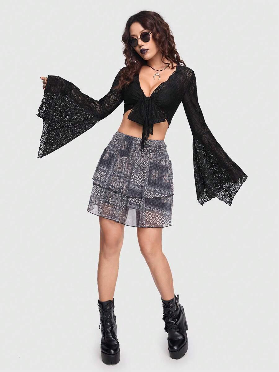 ROMWE Goth Women'S Lace Leaf Pattern See-Through Top With Irregular ...