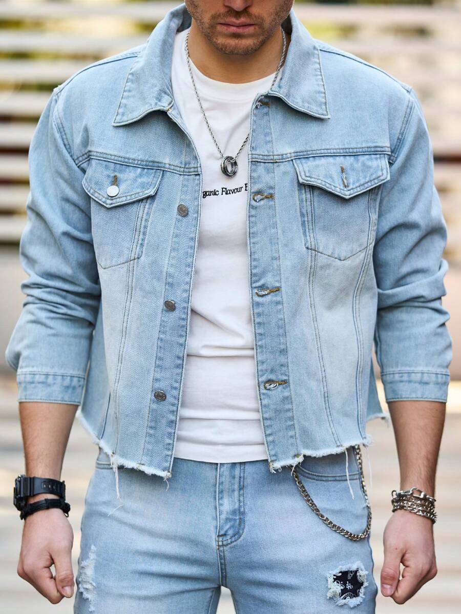 Manfinity LEGND Men'S Light Blue Raw Edge Denim Jacket, Stone Washed ...