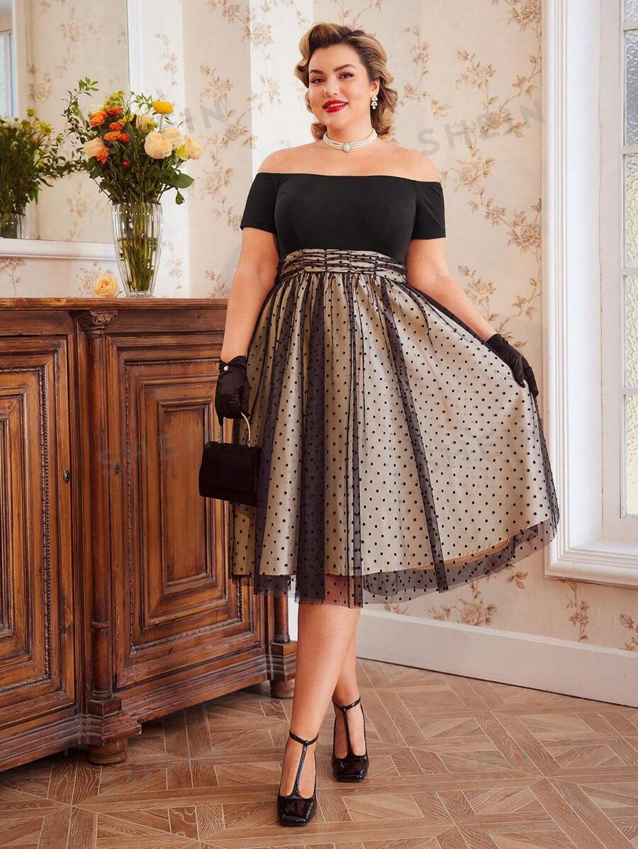 SHEIN DECDS Vintage Elegant Plus Size Dress With Off-Shoulder, Polka ...