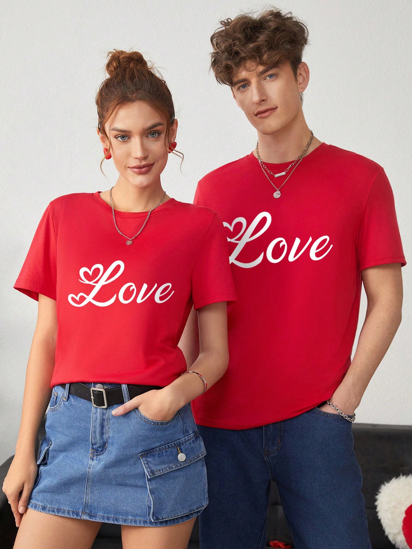 SHEIN Essnce Valentine's Day Couple'S Red Casual T-Shirt For Women ...