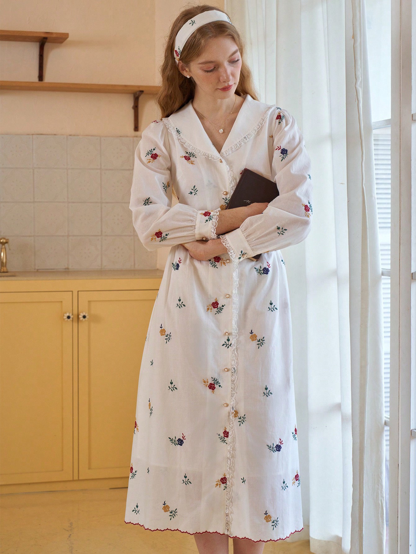 Simple Retro Women Embroidered Lace Long Dress | SHEIN USA