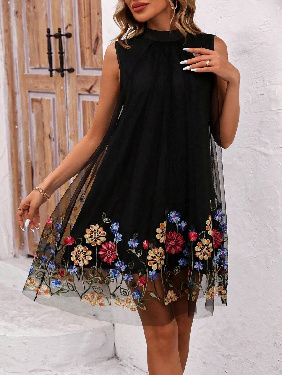 SHEIN Clasi Flower Embroidery & Mesh Splice Dress | SHEIN USA