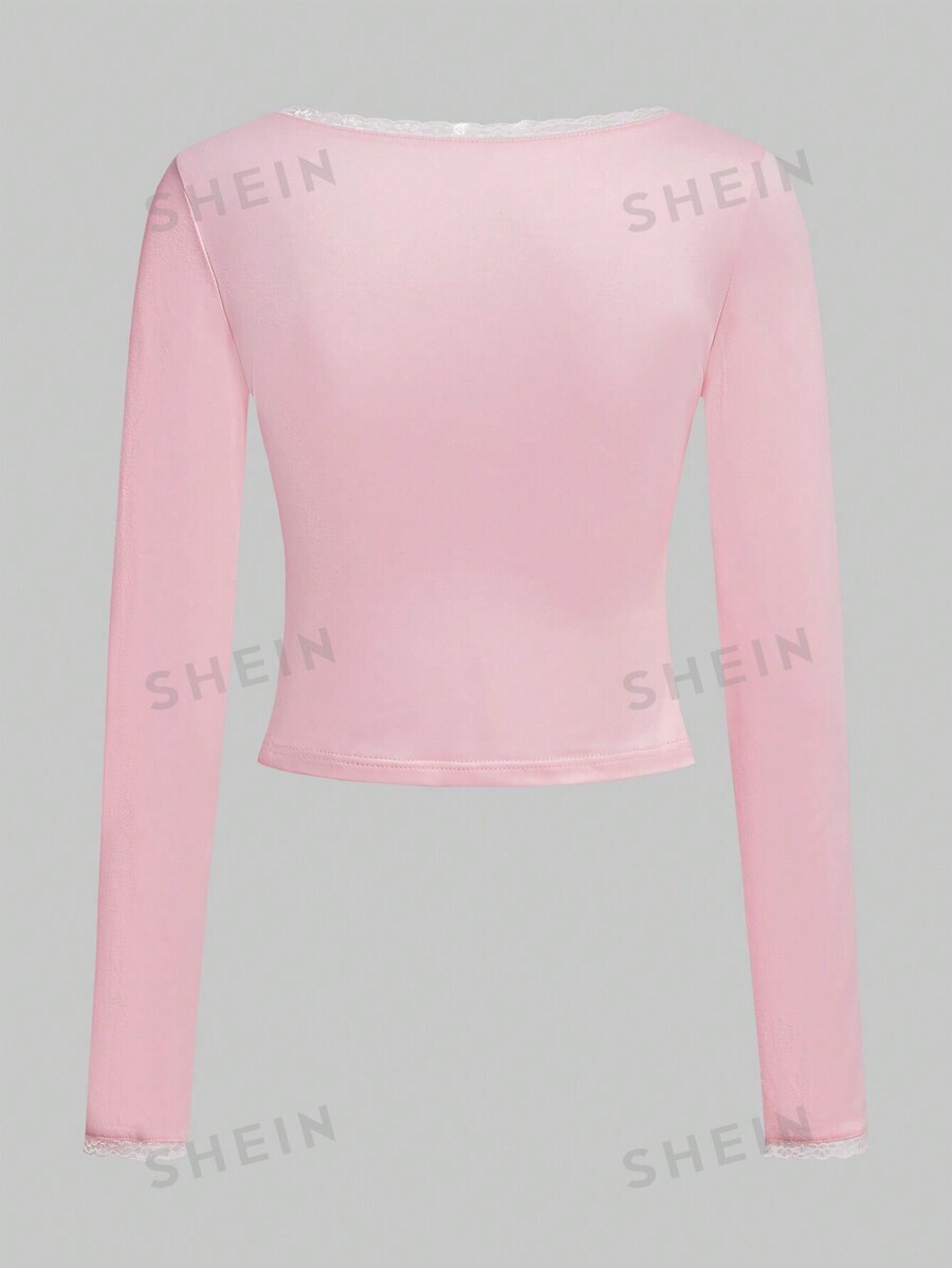 Romwe Kawaii Cute And Sweet Lace Trim Color Block Long Sleeve T Shirt