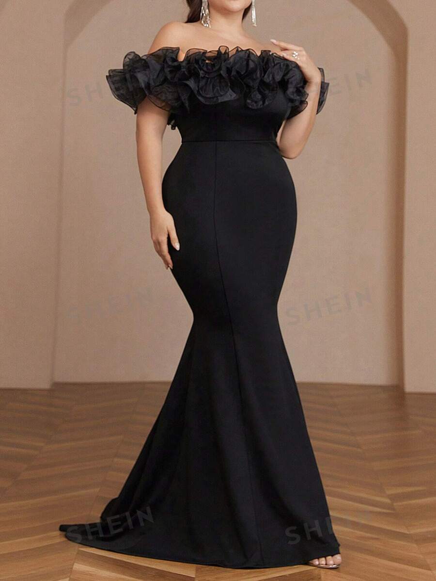 SHEIN Belle Elegant And Exaggerated Mesh Three-Dimensional Floral Pleated One-Shoulder Floor ...