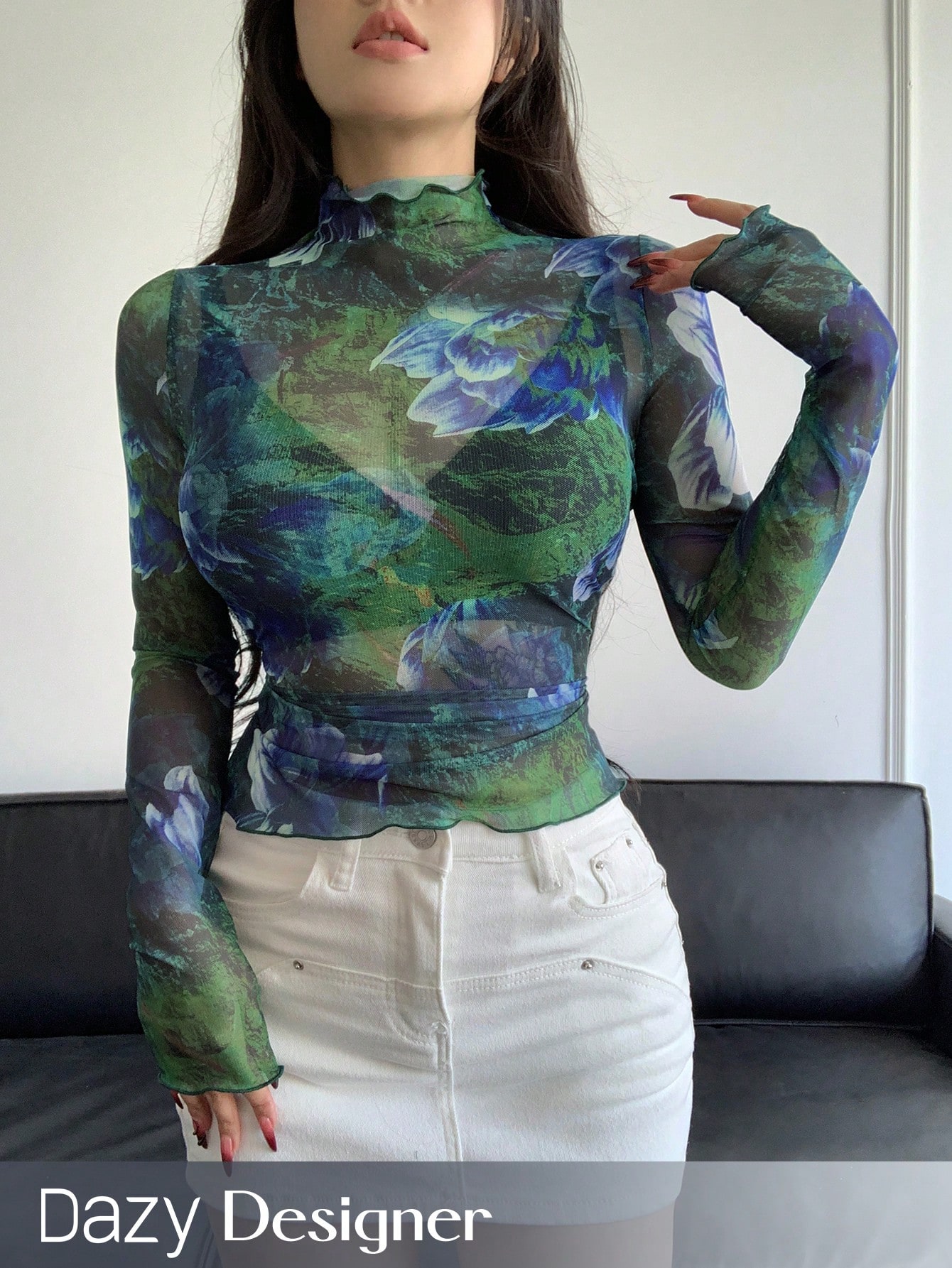 Dazy Floral Print Mock Neck Mesh Top Shein Usa