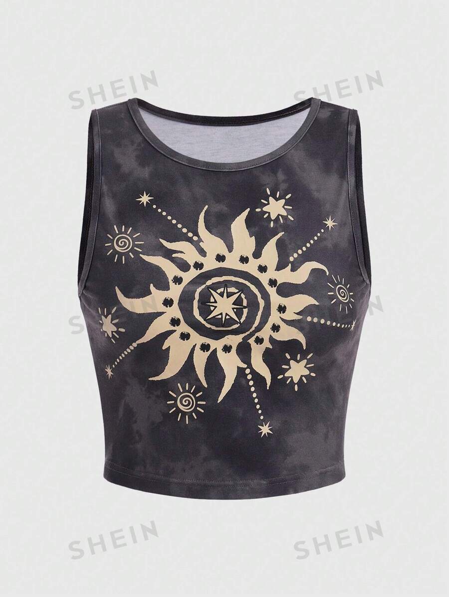 ROMWE Goth Top de tanque Tie Dye con diseño gótico de sol y estrella ...
