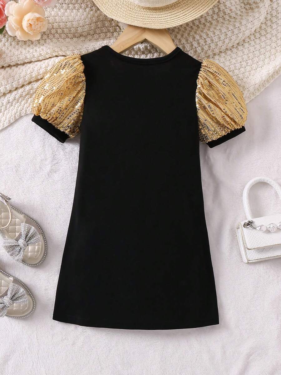 SHEIN Young Girls' Puff Sleeve Ballet Print Dress With Beaded Detail ...