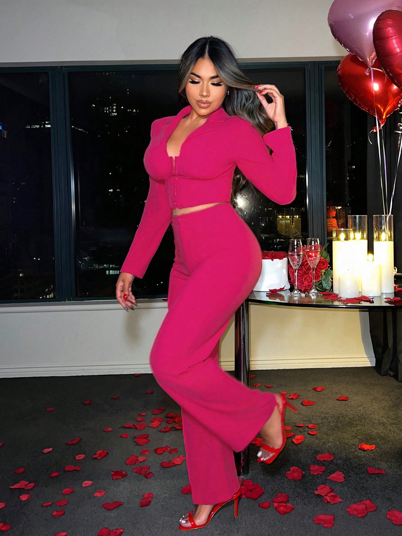 SHEIN SXY Women'S Solid Color Casual Suit Pants Rose Red Straight ...