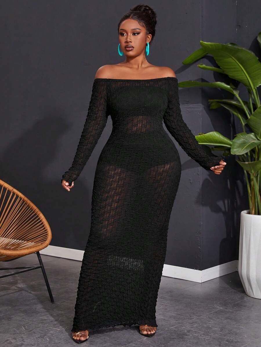 Slaydiva Plus Size Women'S Off-Shoulder See-Through Texture Bodycon ...