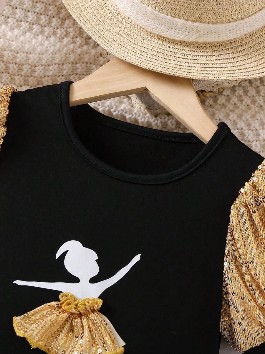 SHEIN Young Girls' Puff Sleeve Ballet Print Dress With Beaded Detail ...