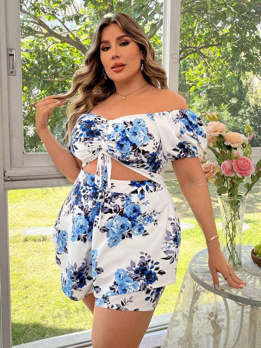Shein Wywh Plus Size Drawstring Hollow Out Floral Print Off Shoulder