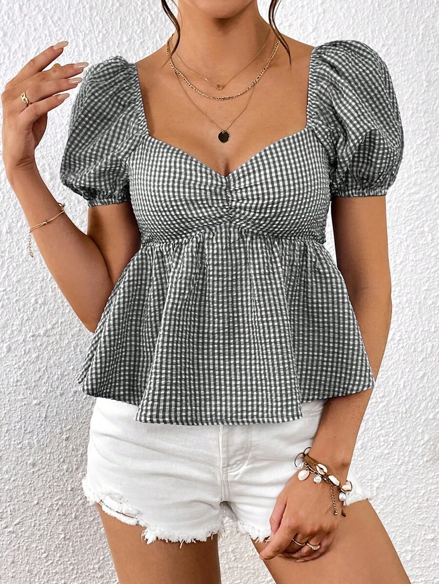SHEIN VCAY Women's Sweetheart Neckline Checkered Shirt | SHEIN USA