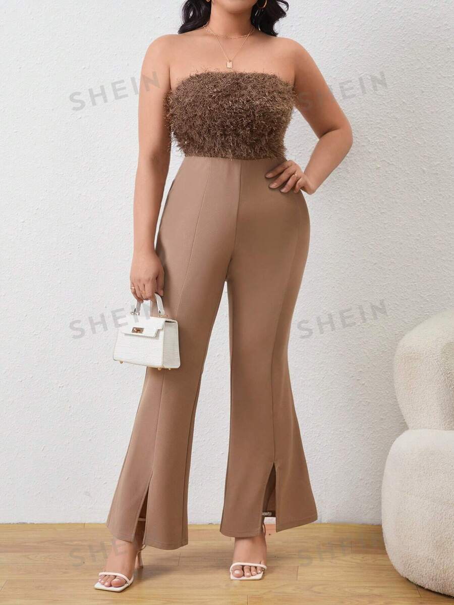 SHEIN Privé Plus Size Furry Splice Strapless Jumpsuit With High Slits ...