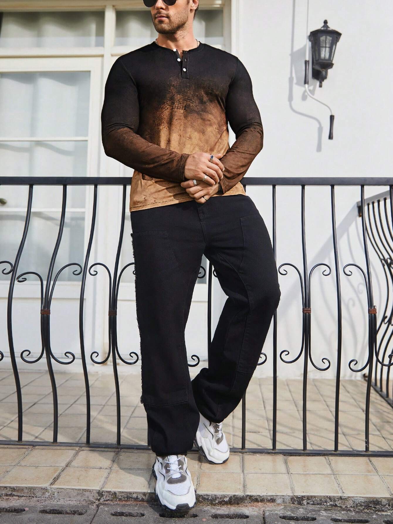 SHEIN Manfinity Homme Camiseta Masculina Com Gola Henry Em Gradiente ...