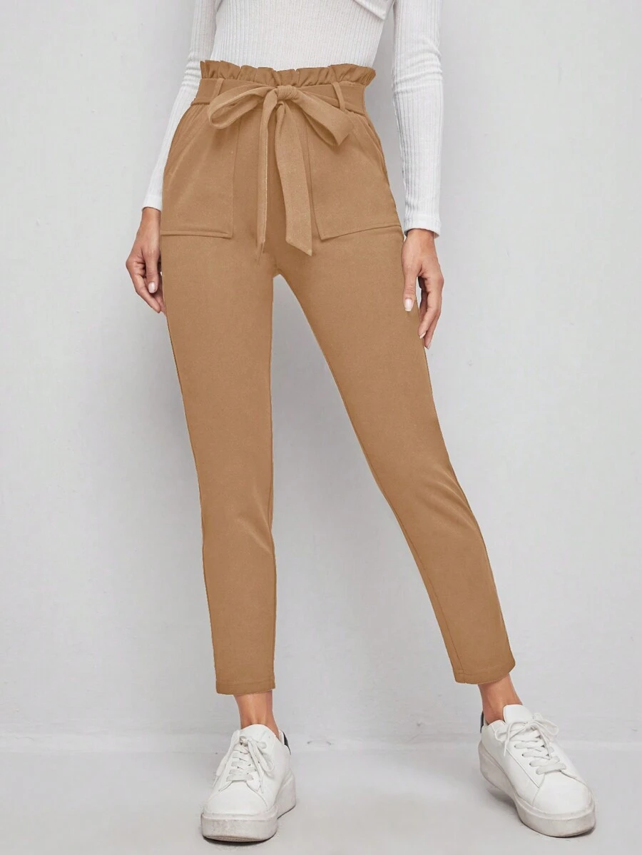 SHEIN Essnce Women's High Waisted Paper Bag Pants With Slant Pockets ...