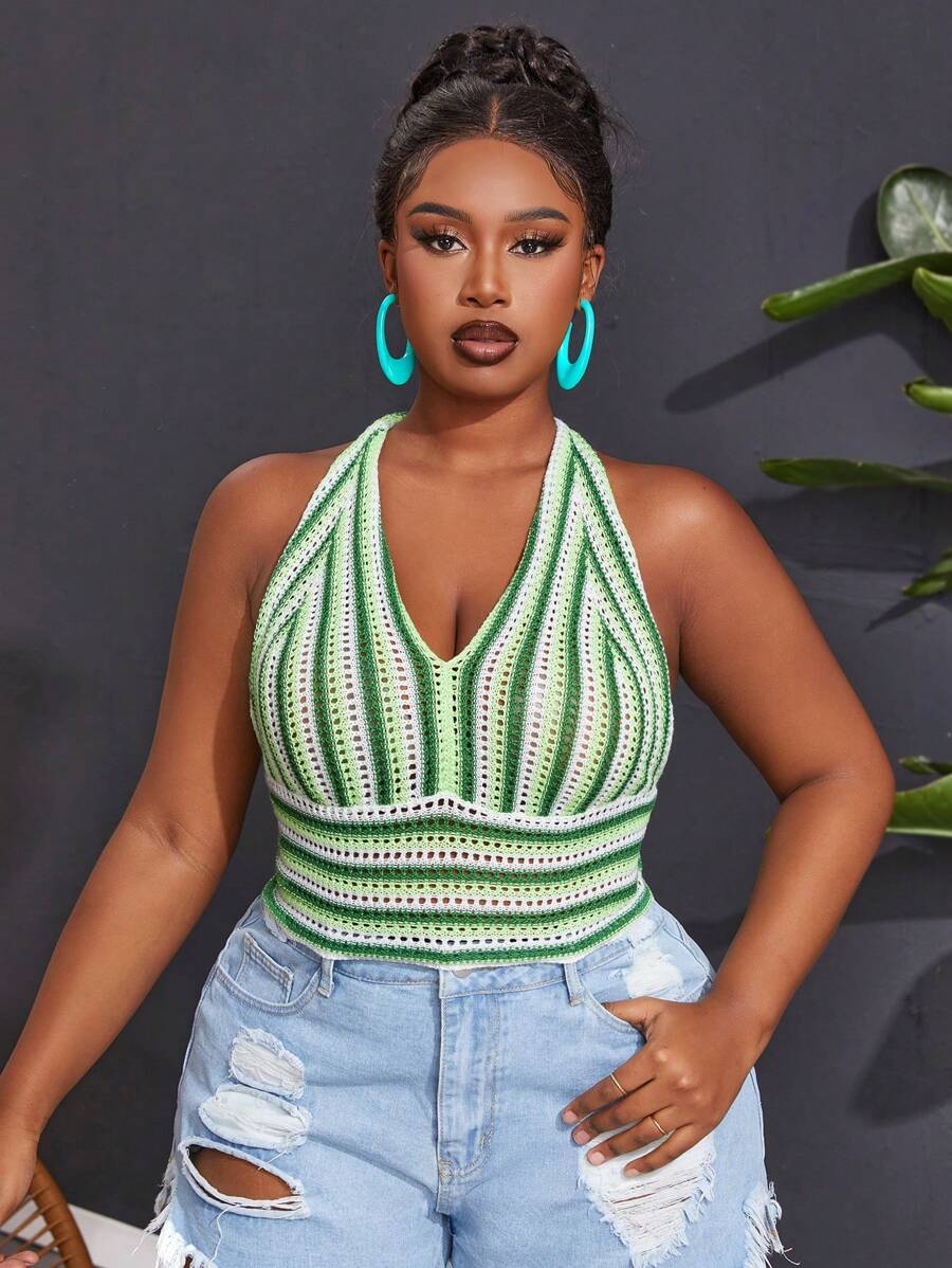 Slaydiva Plus Size Green Spring Crochet Halter Neck Backless Top ...