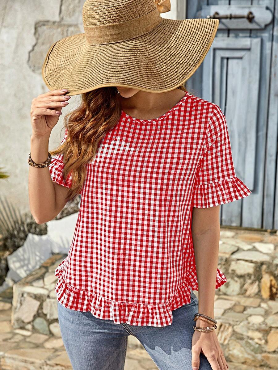EMERY ROSE Women's Red And White Plaid Print Ruffle Trim Short Sleeve ...