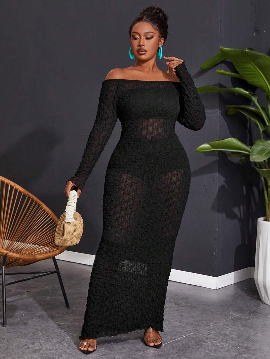 Slaydiva Plus Size Women'S Off-Shoulder See-Through Texture Bodycon ...