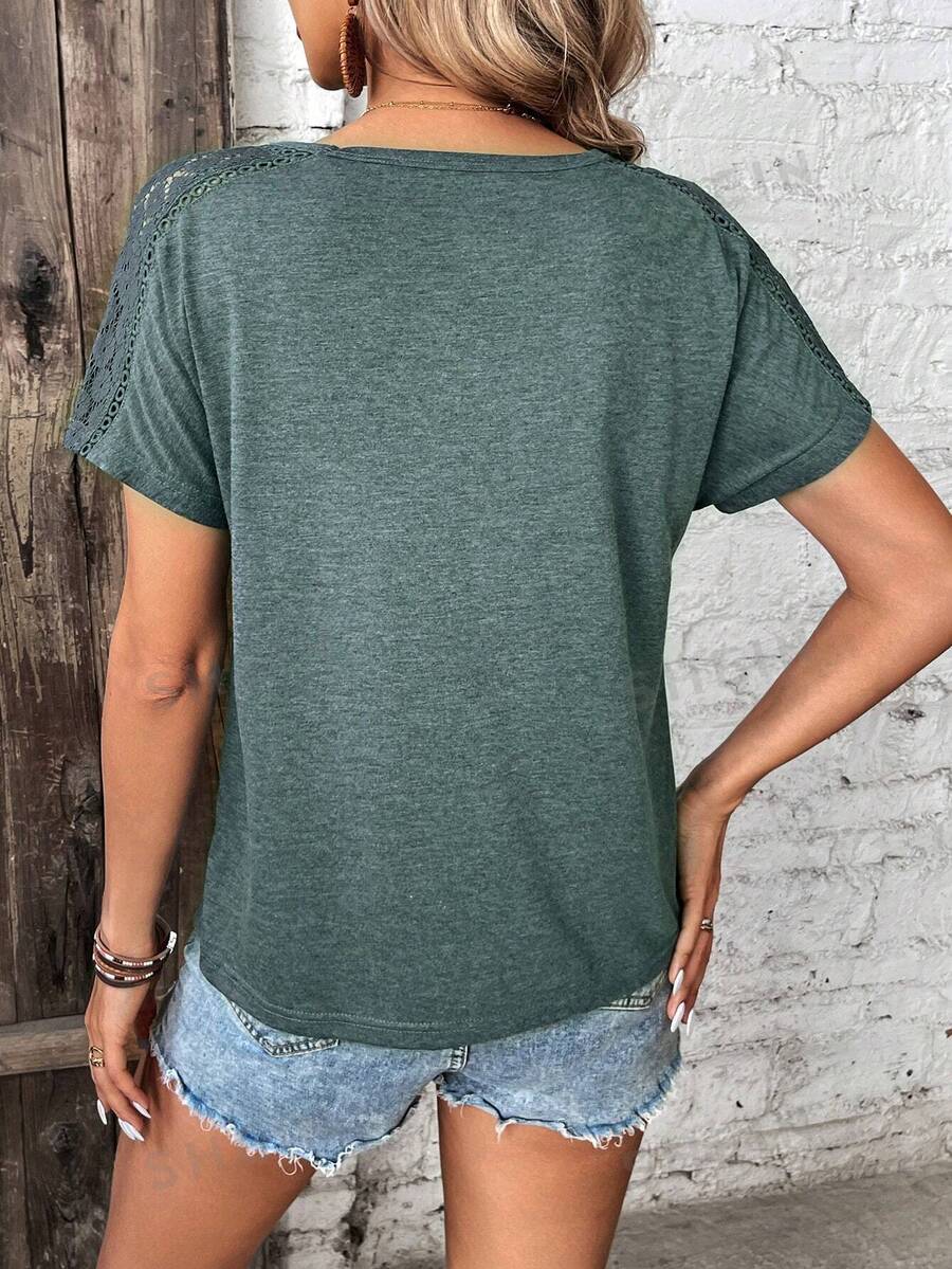 SHEIN Frenchy Women's Spring Break Summer V-Neck Lace Patchwork T-Shirt | SHEIN USA