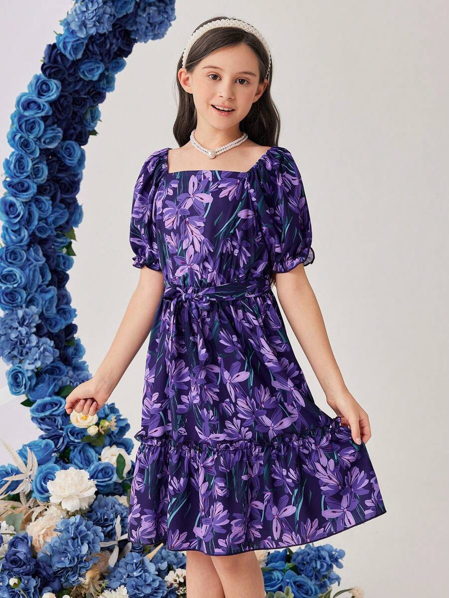 SHEIN Kids Nujoom Short Sleeve Purple Floral Elegant And Romantic Dress ...