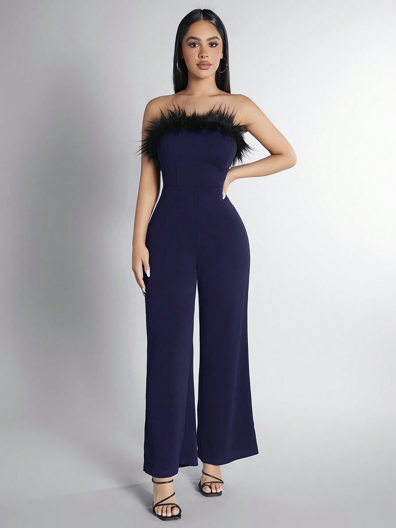 SHEIN PETITE Women'S Strapless Jumpsuit With Fur Splice | SHEIN UK