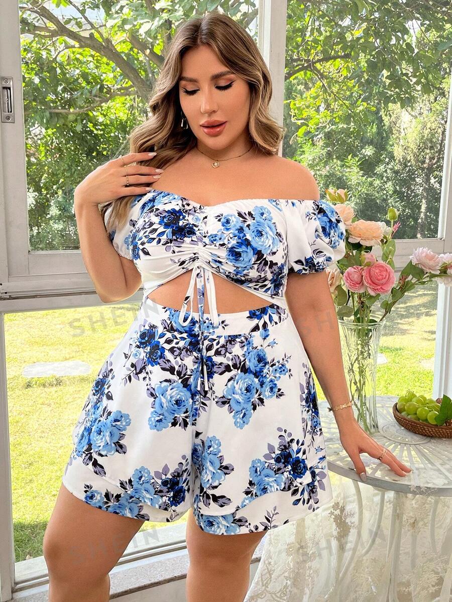 Shein Wywh Plus Size Drawstring Hollow Out Floral Print Off Shoulder
