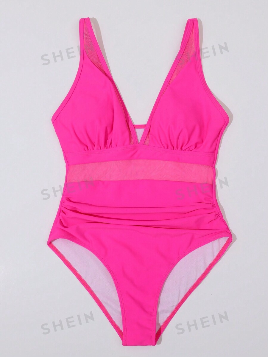 Shein Swim Summer Beach Wire Mesh Patchwork One Piece Swimsuit