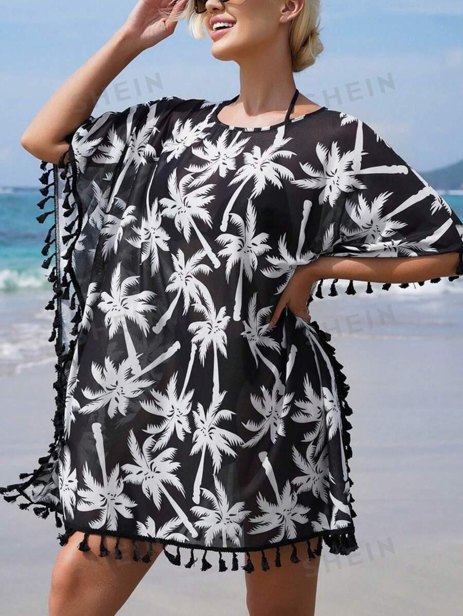 Shein Swim Vcay Womens Coconut Tree Print Tassel Decor Batwing Sleeve
