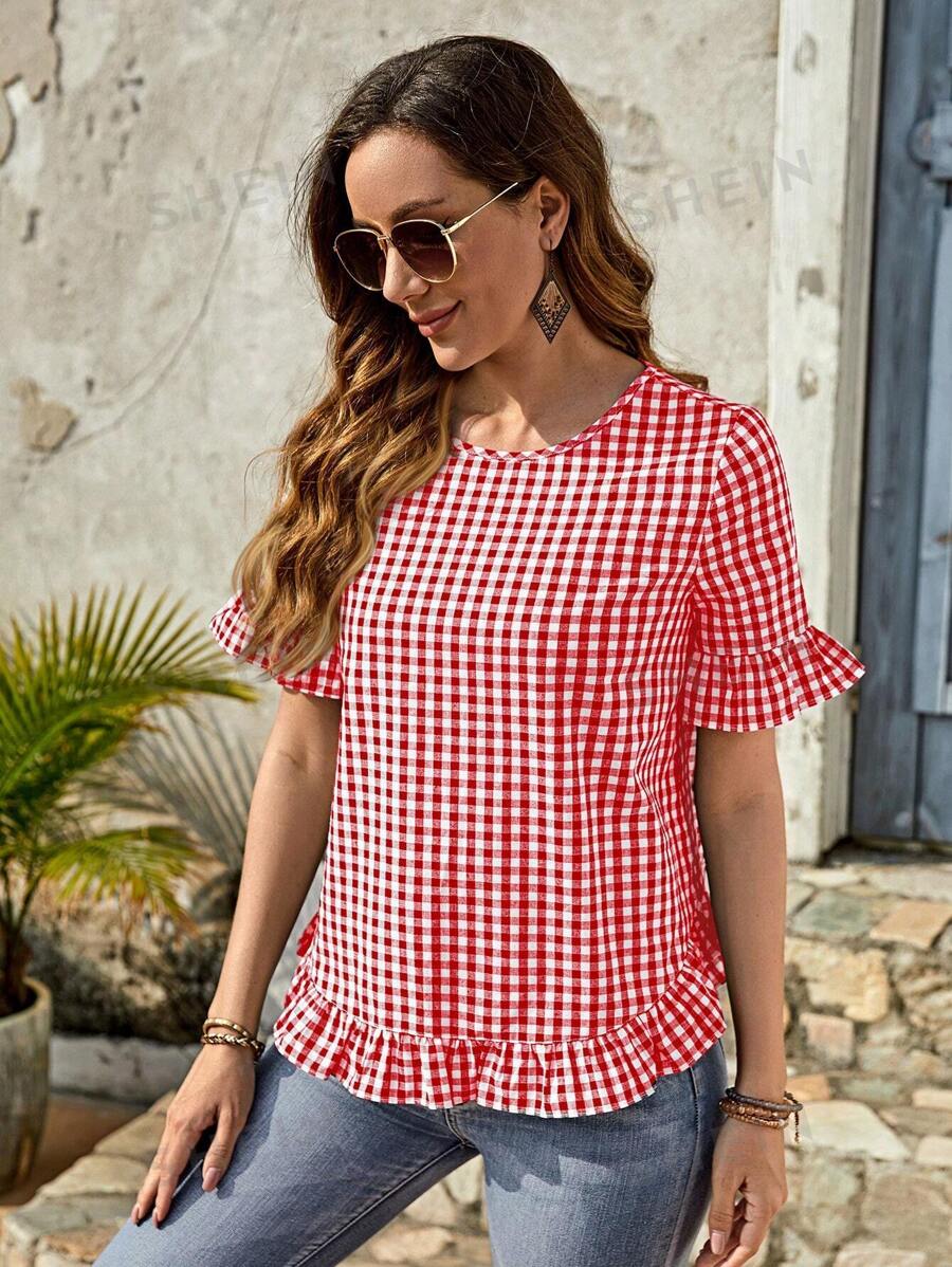 EMERY ROSE Women's Red And White Plaid Print Ruffle Trim Short Sleeve ...