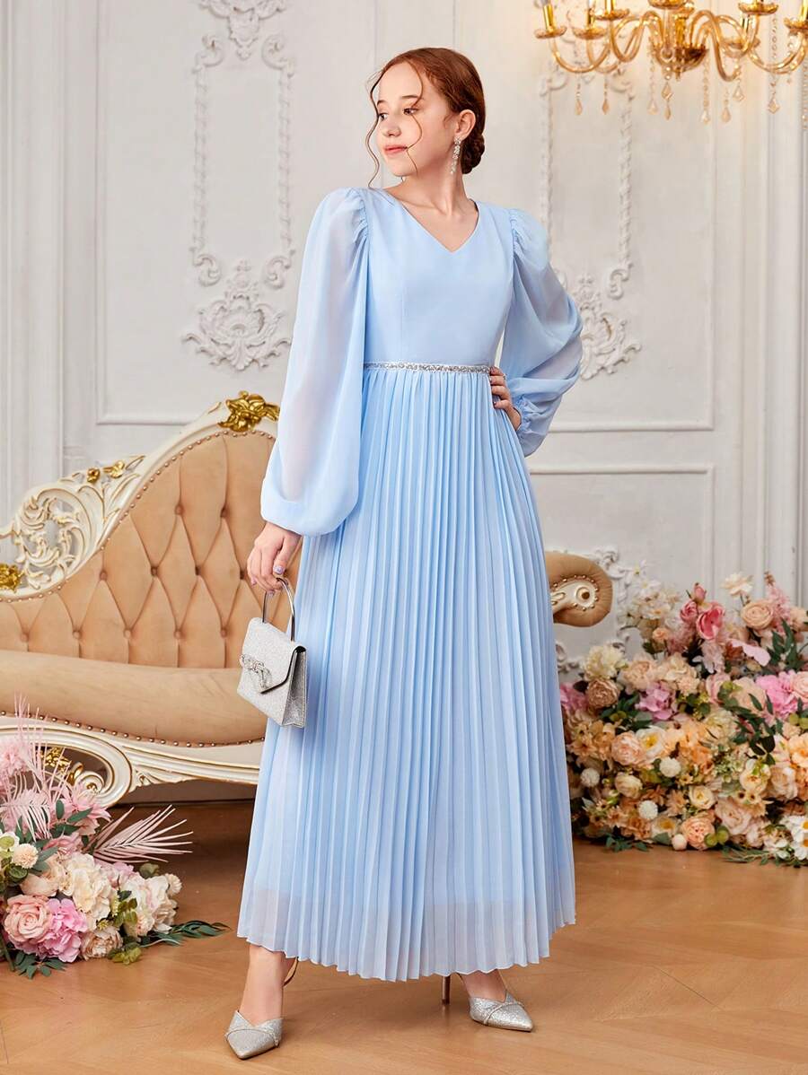 SHEIN Teen Girl'S Luxury V-Neck Chiffon Splice And Weave Ribbon Pleated ...