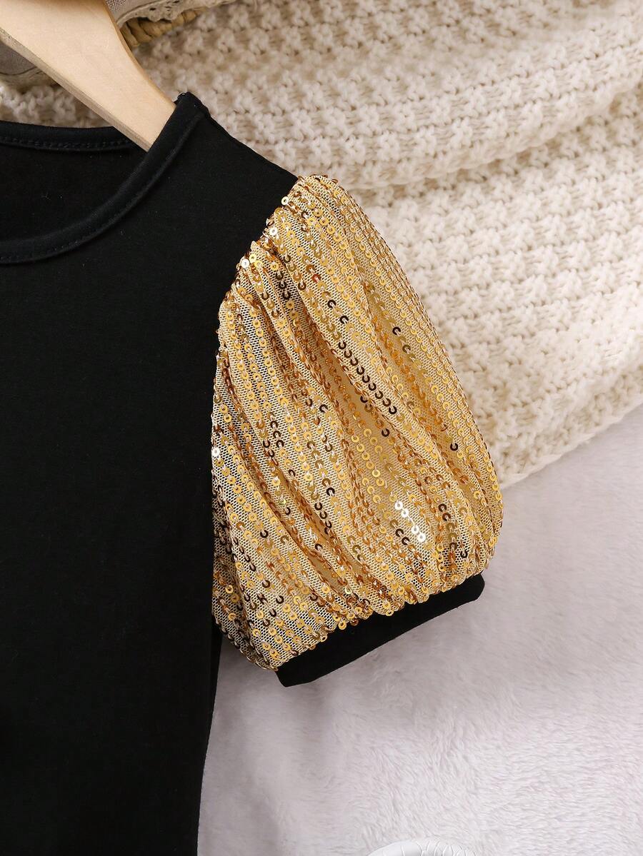 SHEIN Young Girls' Puff Sleeve Ballet Print Dress With Beaded Detail ...