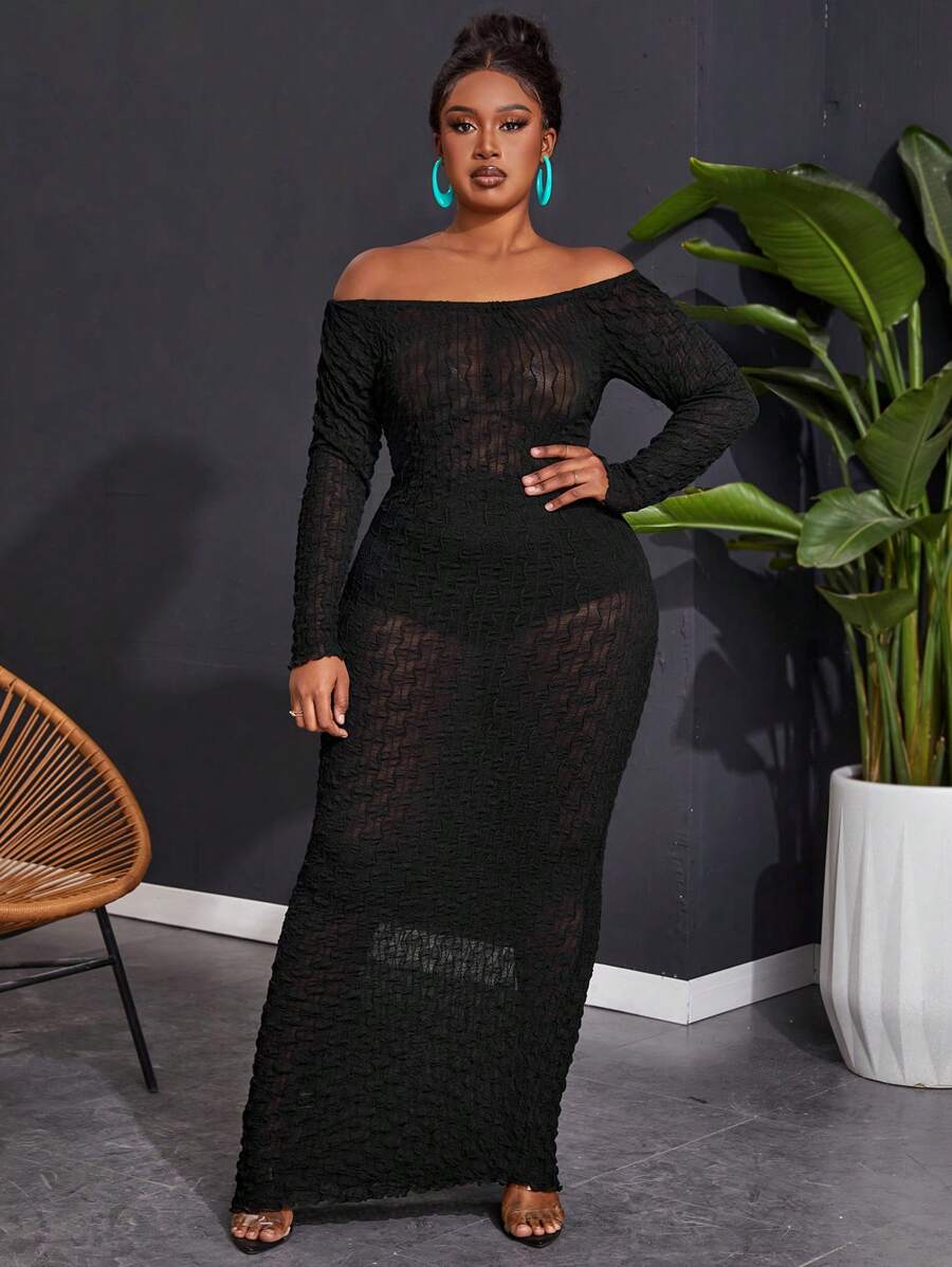 Slaydiva Plus Size Women'S Off-Shoulder See-Through Texture Bodycon ...