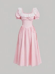 SHEIN MOD Plus-Size Retro Lace Trimmed Pink Cinched Waist Tie-Back Long ...