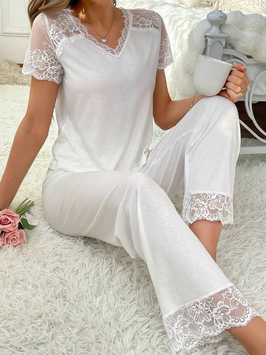 Ensemble pyjama blanc pour femmes avec épaule transparente, empiècement ...