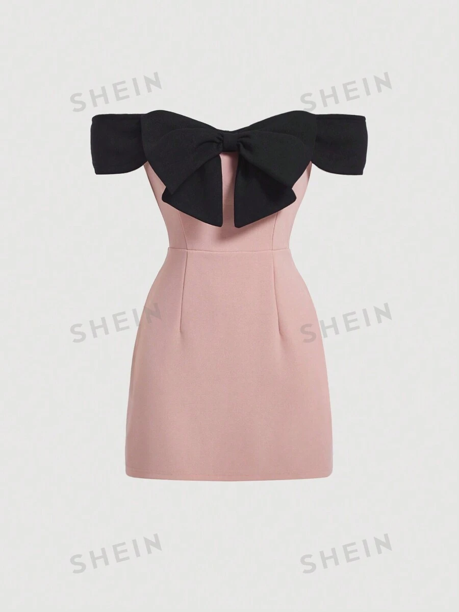 SHEIN MOD Women's Black Pink Color Block Off Shoulder Date Night Dress ...