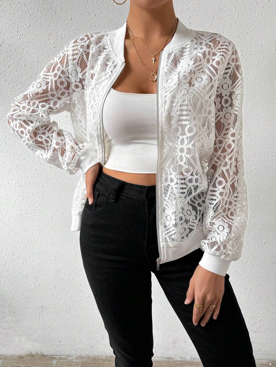 Chiquease Front Zip Lace Jacket | SHEIN USA