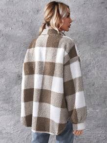 SHEIN LUNE Button Front Gingham Teddy Coat | SHEIN USA