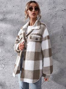 SHEIN LUNE Button Front Gingham Teddy Coat | SHEIN USA