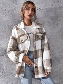SHEIN LUNE Button Front Gingham Teddy Coat | SHEIN USA