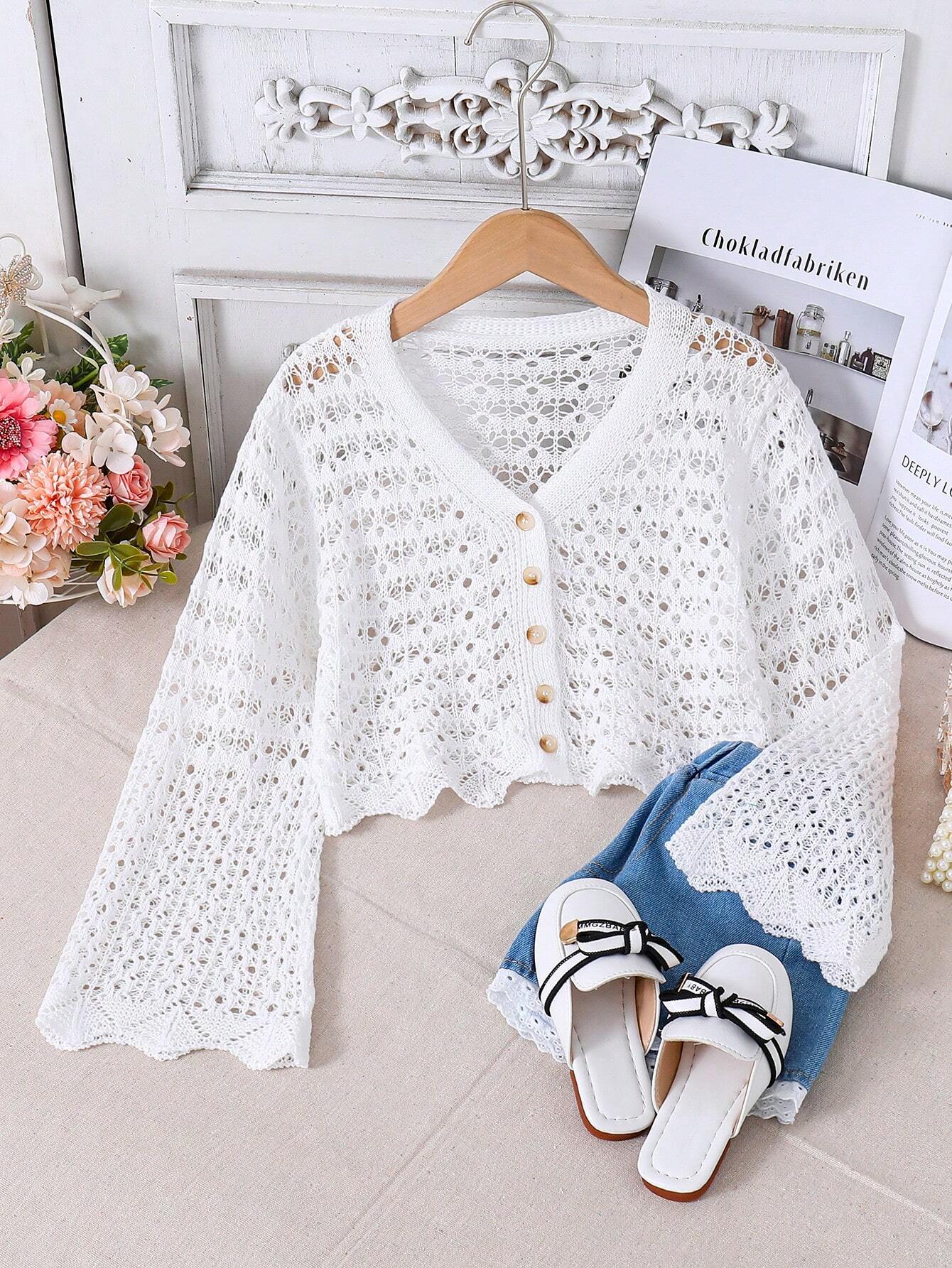 Tween Girls' Long Sleeve Hollow Out Open Front Cardigan | SHEIN USA