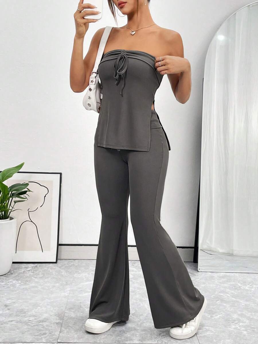 SHEIN Relaxiva Solid Color Strapless Top And Pants Two Piece Set ...