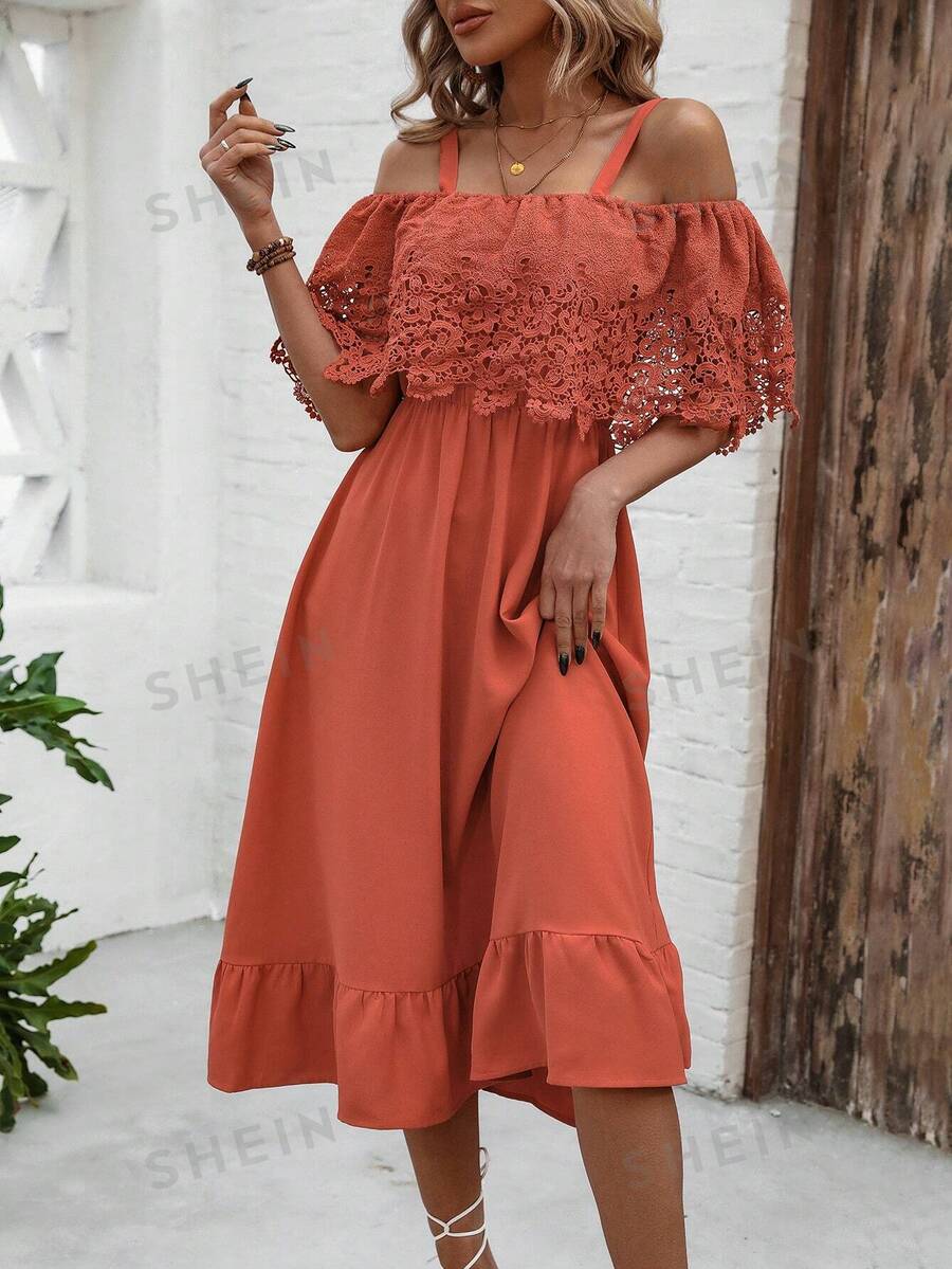 SHEIN LUNE Lace Splicing Open Shoulder Cami Dress | SHEIN UK