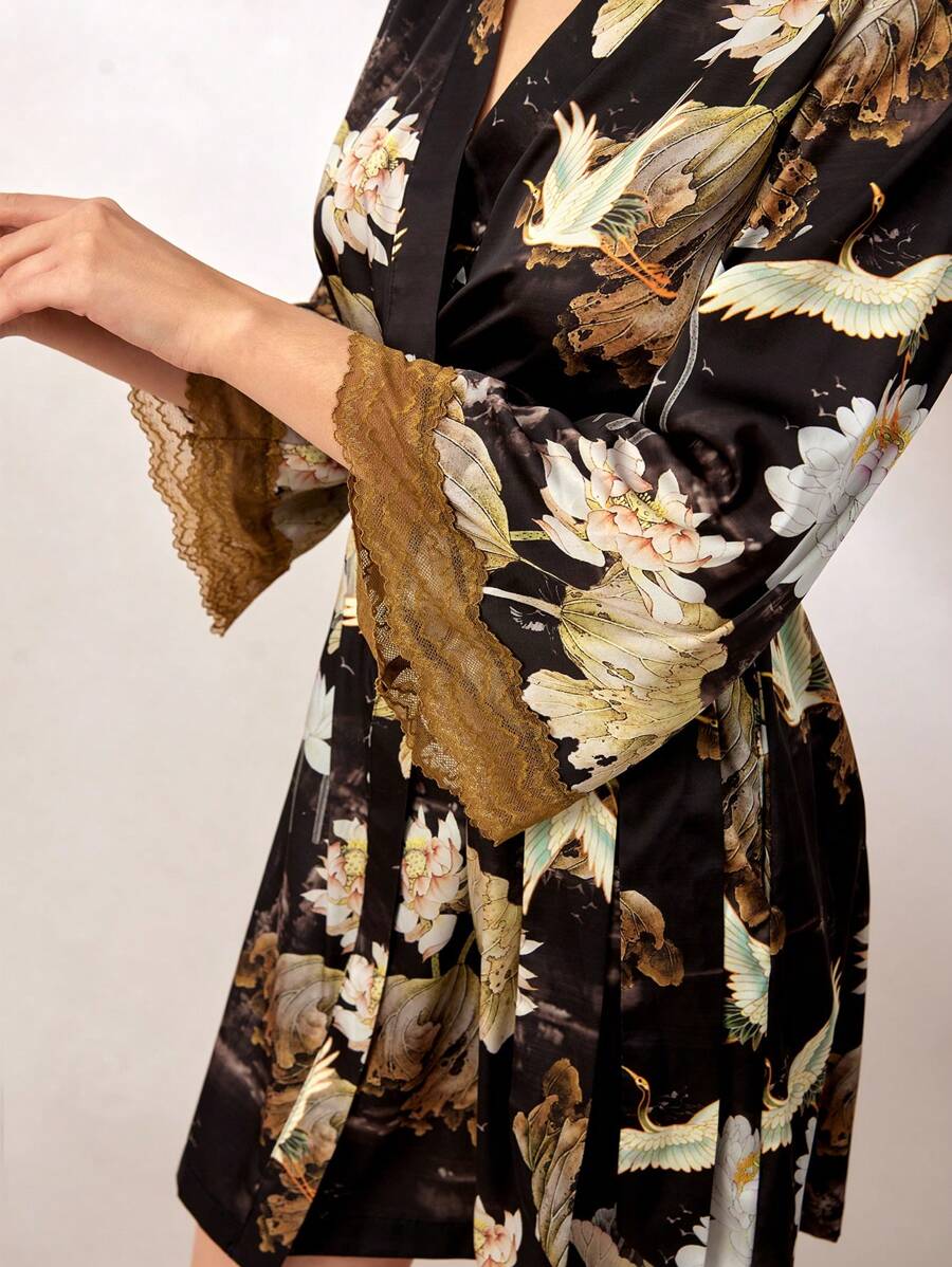 LUVLETTE Bata retro de satén con estampado de flor de loto y encaje ...