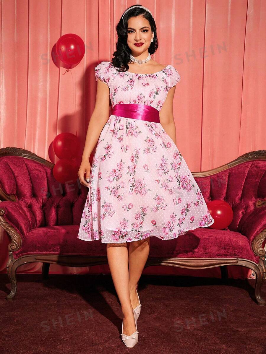 SHEIN DECDS Vintage Rose Print Dress With Bow Belt And Umbrella Hem ...