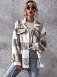 SHEIN LUNE Button Front Gingham Teddy Coat | SHEIN USA