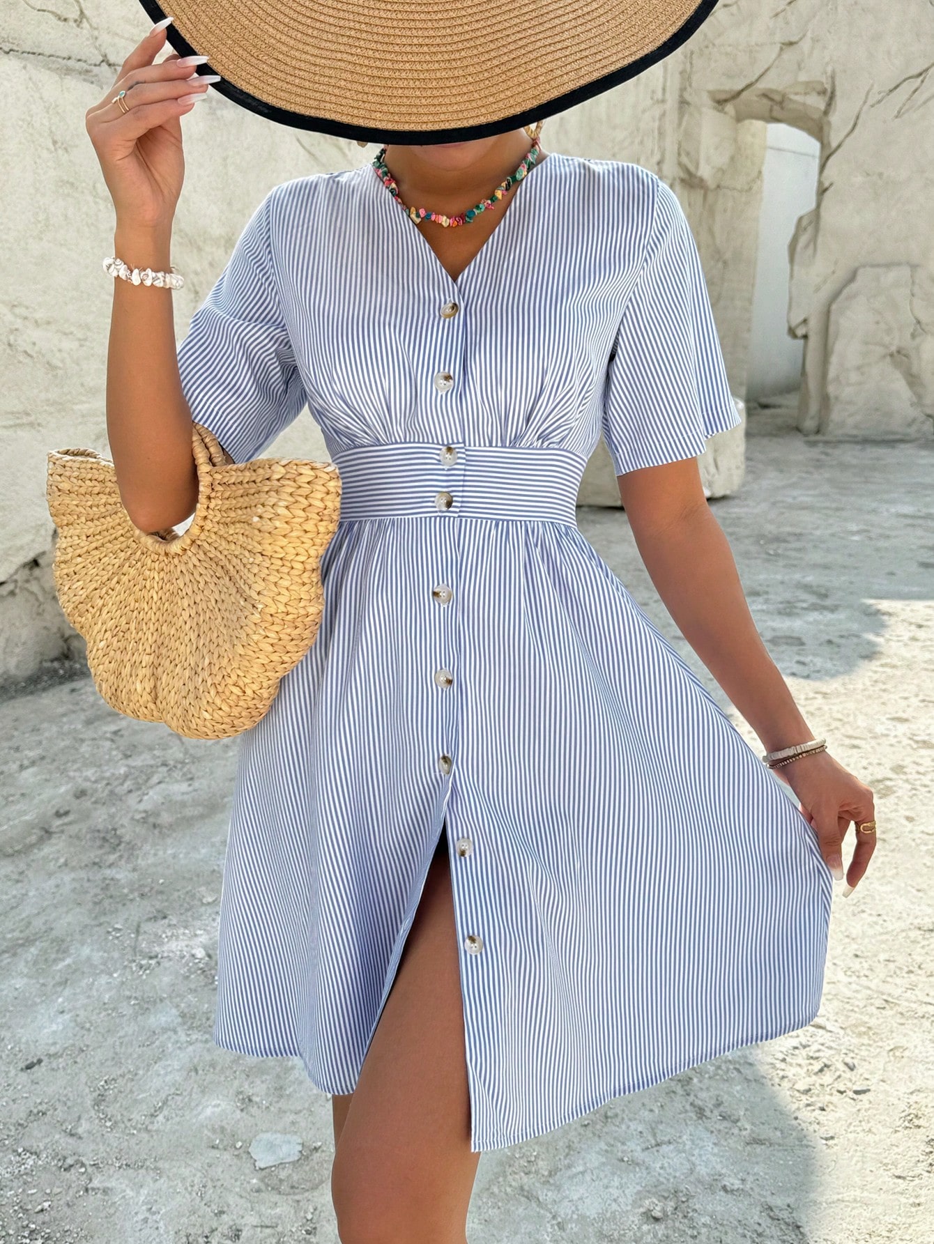 SHEIN VCAY Women's Blue & White Striped V-Neck Single Breasted Dress ...