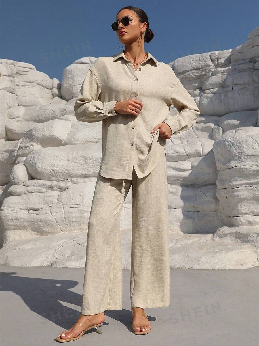 SHEIN LUNE Ensemble Chemise À Manches Longues Et Pantalon Pour Femmes | Mode en ligne | SHEIN FRANCE