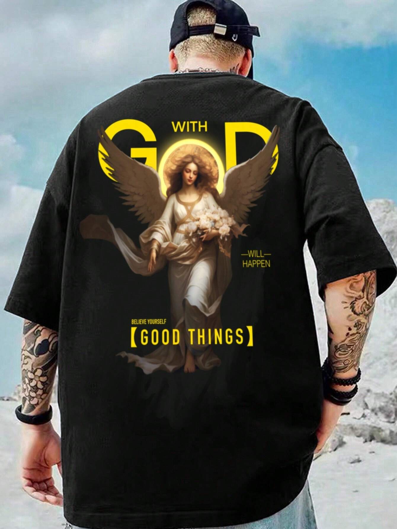 Manfinity EMRG Men's Loose Fit Drop Shoulder Angel & Letter Print T ...